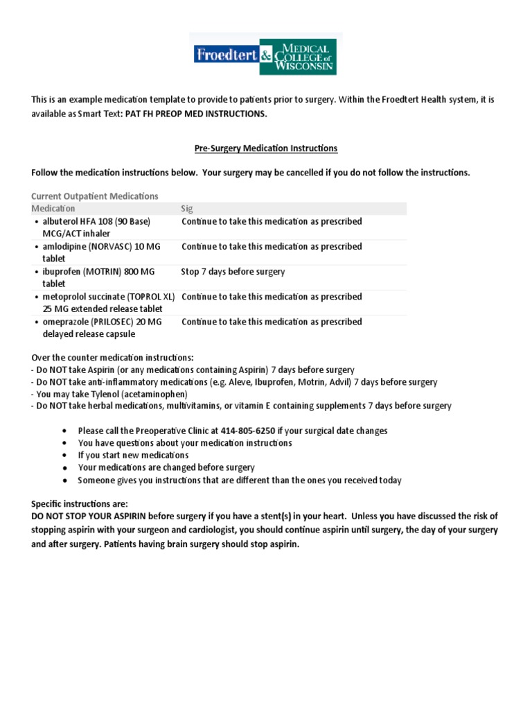 Preoperative Medication Instructions | PDF