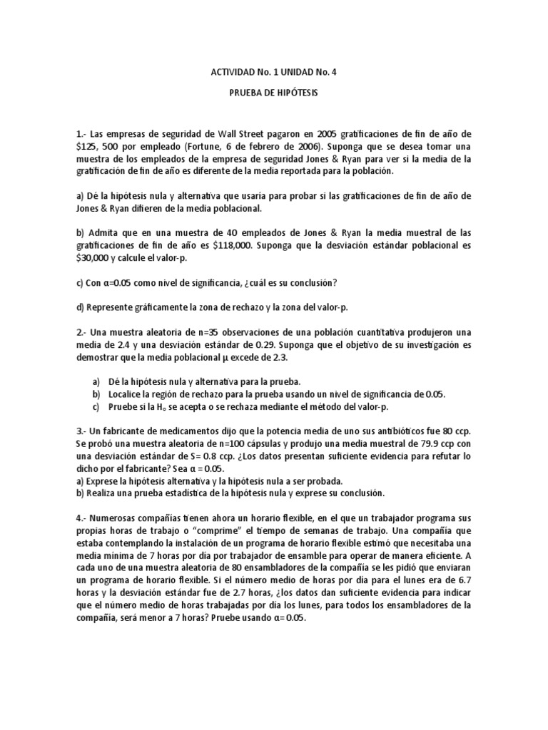 Actividad No. Unidad 4 Prueba de Hipotesis | PDF | Valor P | Desviación ...