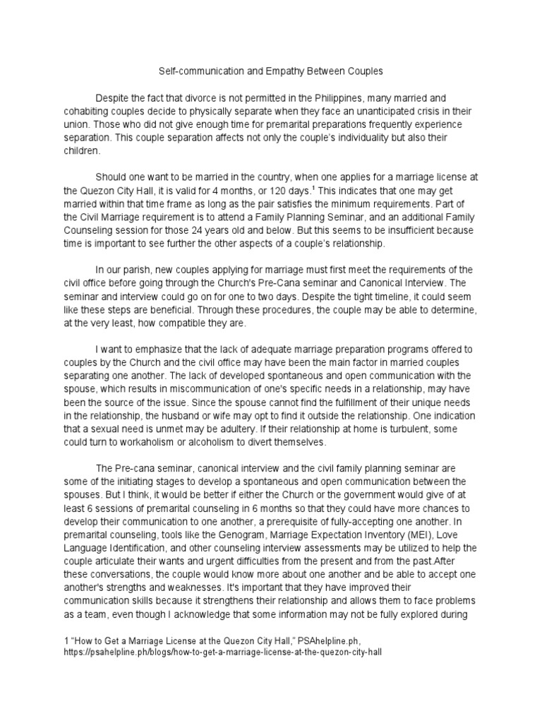 Self-Communication and Empathy Between Couples - Essay 1 - Sexual and Bio Ethics - Muya | PDF ...