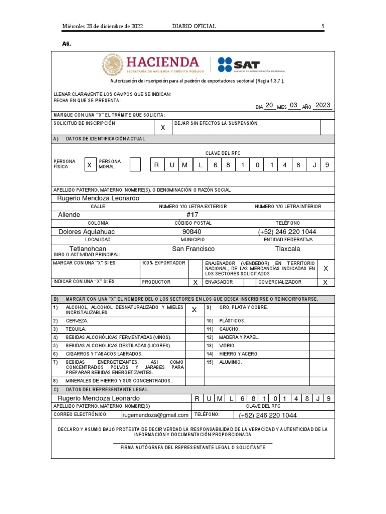 Autorizacion Inscripcion Padron Exportadores Sectorial | PDF