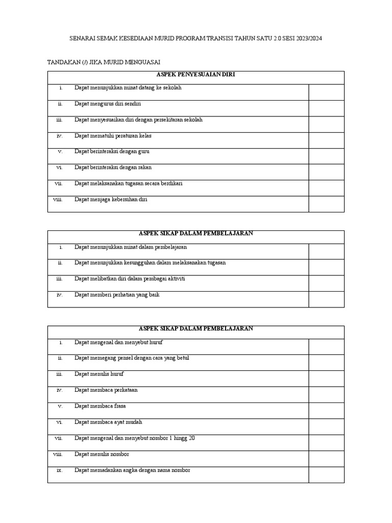 Senarai Semak Kesediaan Murid Program Transisi Tahun Satu | PDF