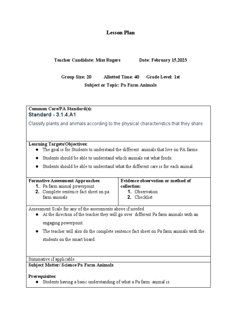 Pa Farms and Animal Science Lesson Unit | PDF | Teachers | Cognitive ...