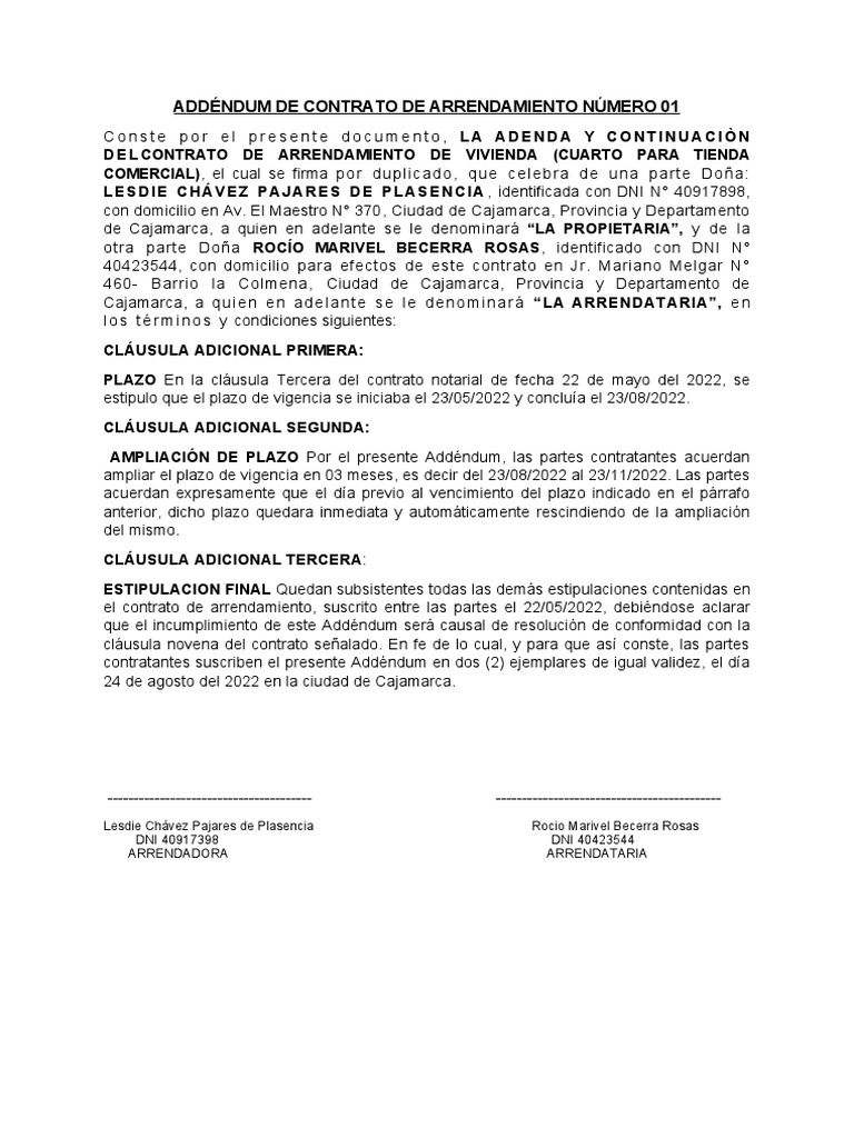 Addéndum de Contrato de Arrendamiento Número 01 | PDF