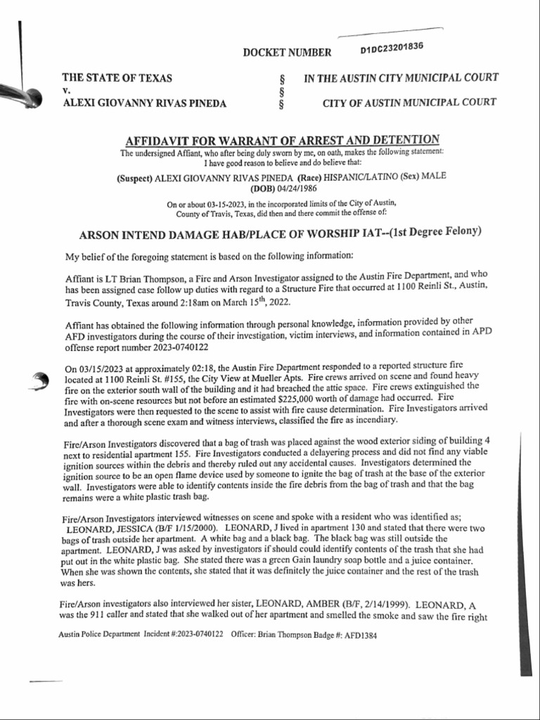 Warrant For Arrest For Arson of Alexi Giovanny Rivas Pineda | PDF
