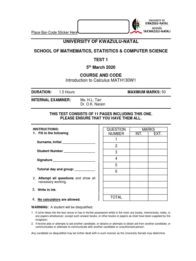 MATH130 Test 1: Calculus Questions | PDF | Mathematical Concepts ...