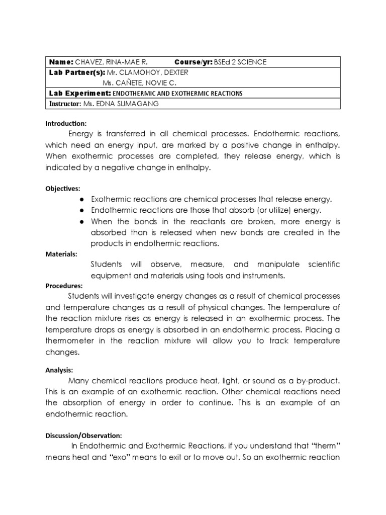Lab Report - Endothermic and Exothermic Reactions | PDF | Chemical ...