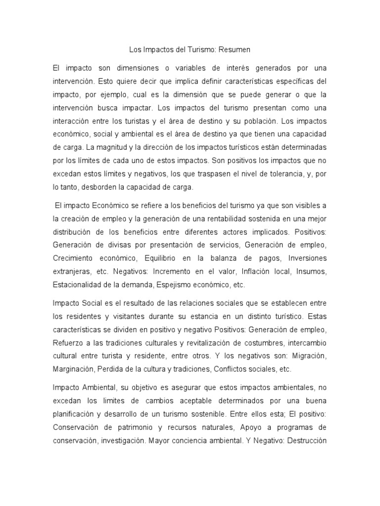 Los Impactos Del Turismo Resumen 1 Pdf Turismo Entorno Natural