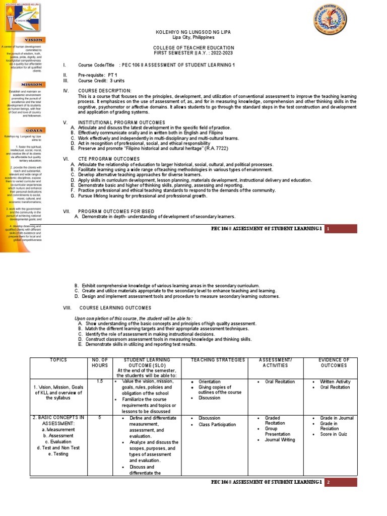 SYLLABUS Pec 106 ASL | PDF | Educational Assessment | Learning