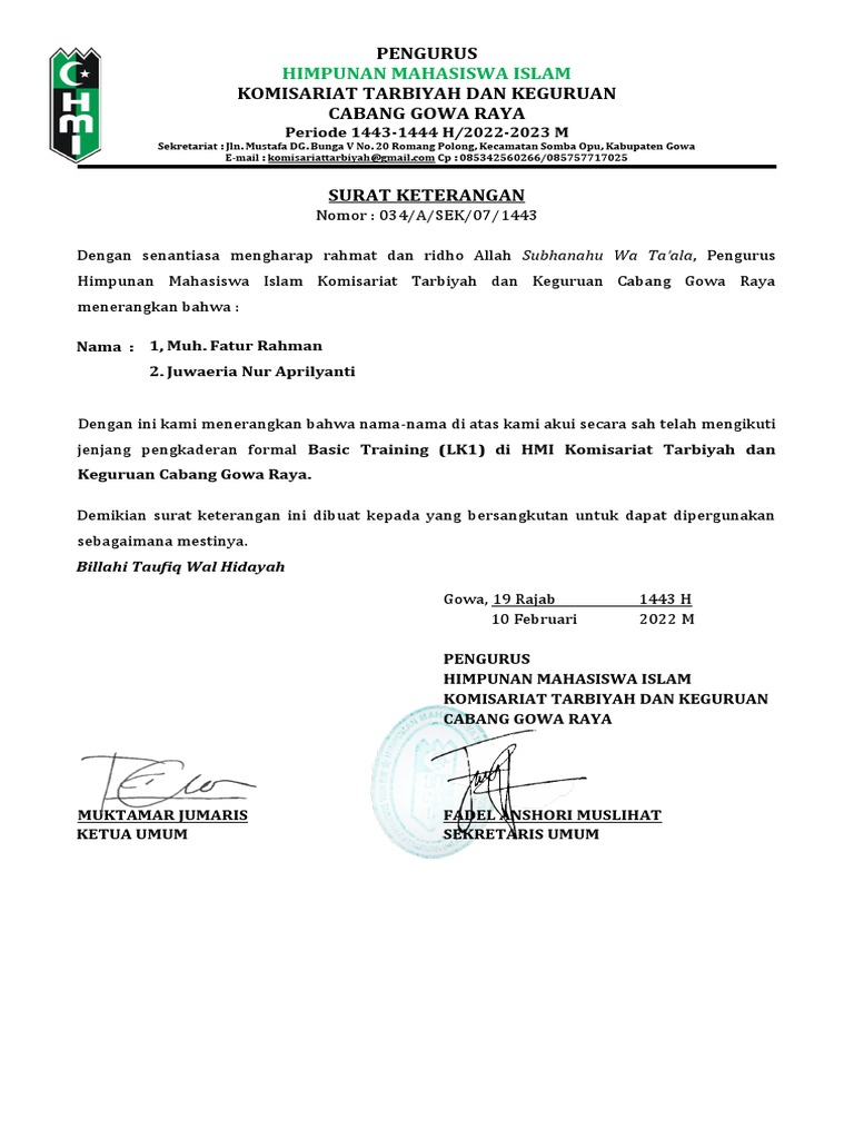 Surat Keterangan Pengkaderan HMI | PDF