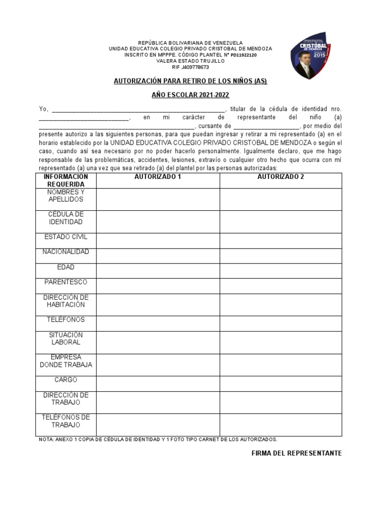 Autorización para Retiro Año Escolar 2021 - 2022 | PDF