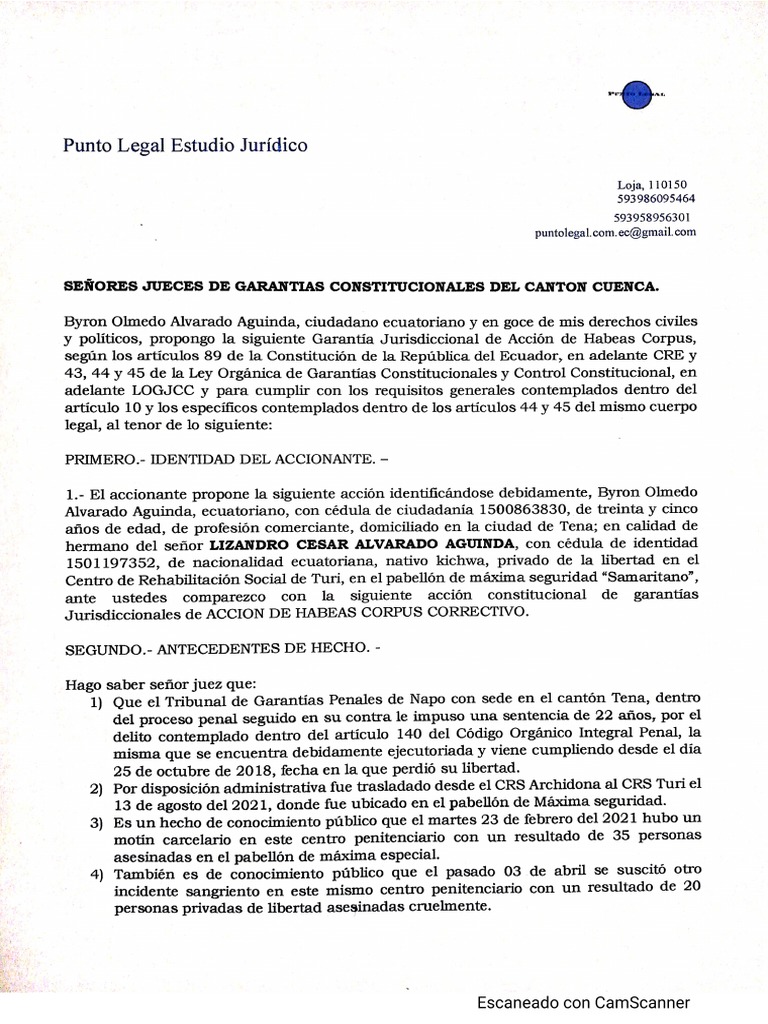 Habeas Corpus Alvarado Aguinda Lizandro Cesar | PDF