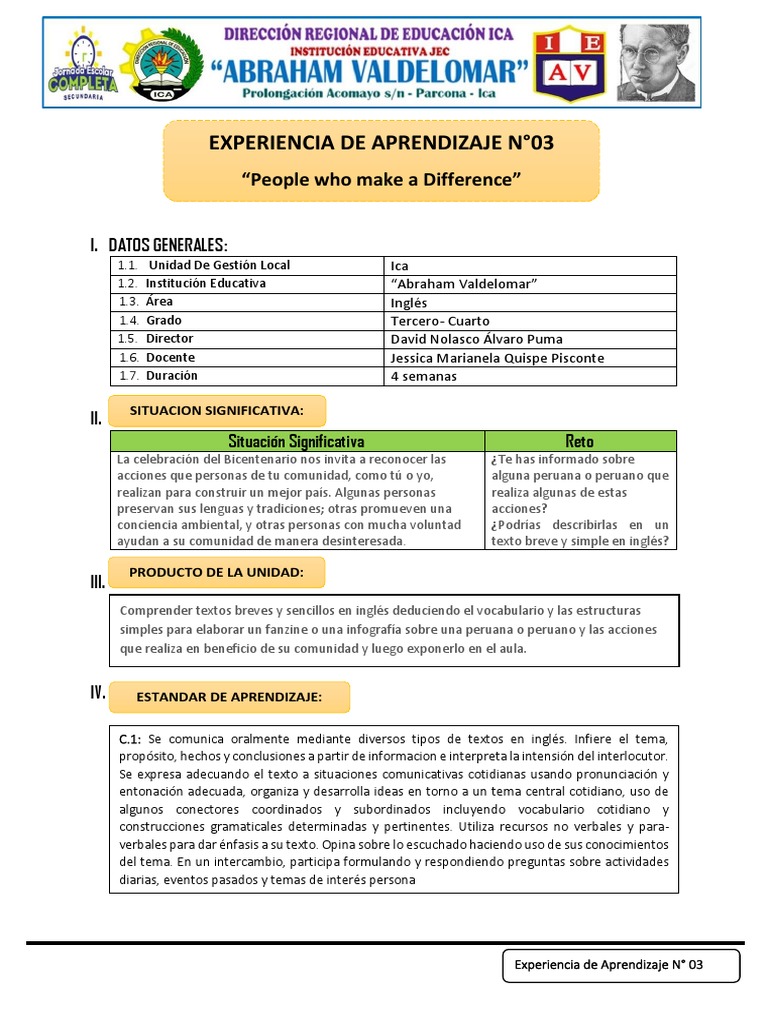 Experiencia 3 - Tercero - Cuarto | PDF | Aprendizaje | Idioma en Inglés