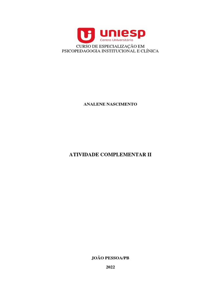 Atividade Complementar Ii Psicopedagogia Analene PDF | PDF | Aprendizado | Exclusão social