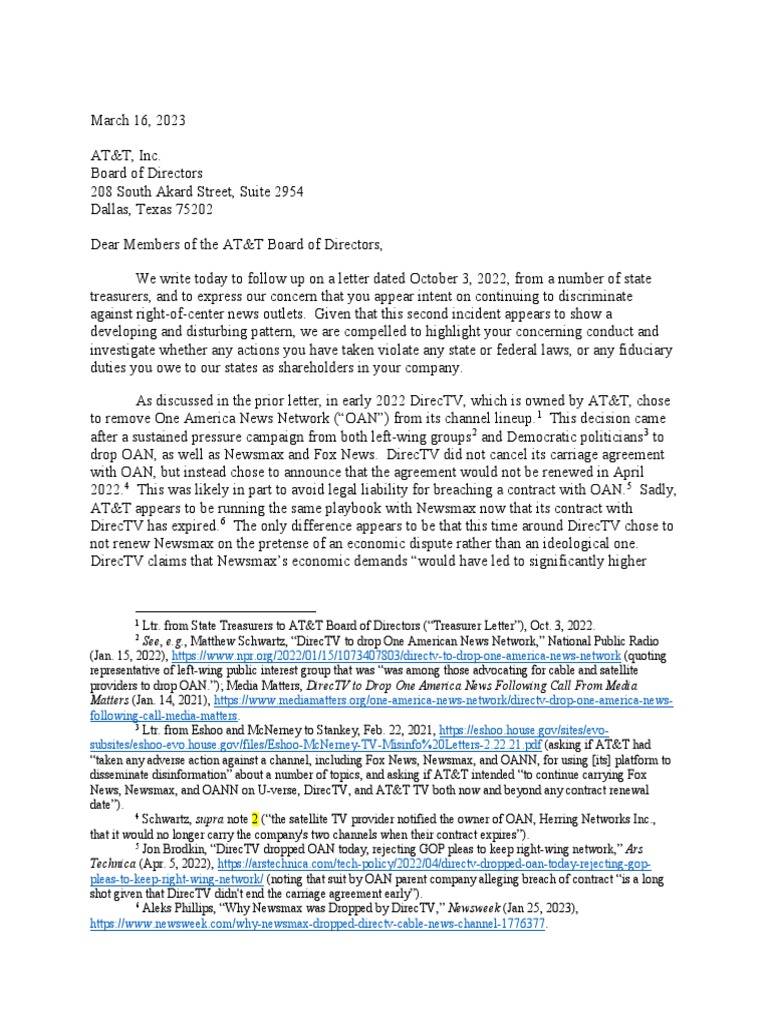 Letter To ATT Board of Directors - March 2023 | PDF | At&T | First ...