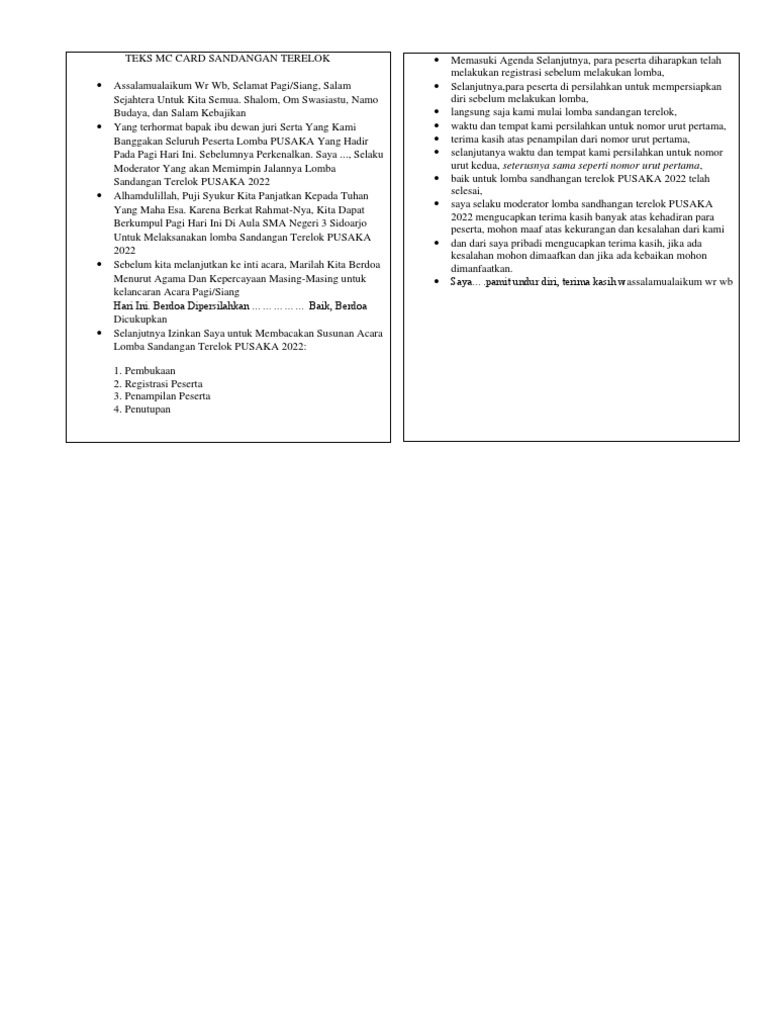 Teks MC Card Lomba Pusaka 2022 PDF | PDF | Pengembangan Diri | Gaya Hidup