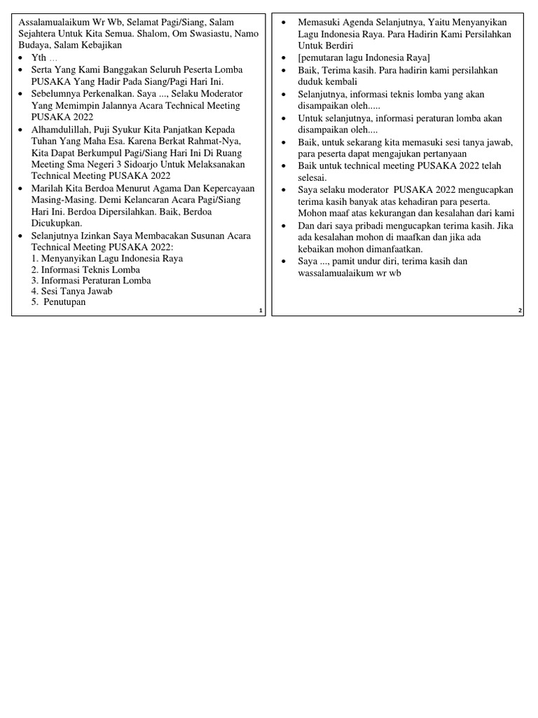 Teks MC Card Technical Meeting Pusaka 2022 | PDF
