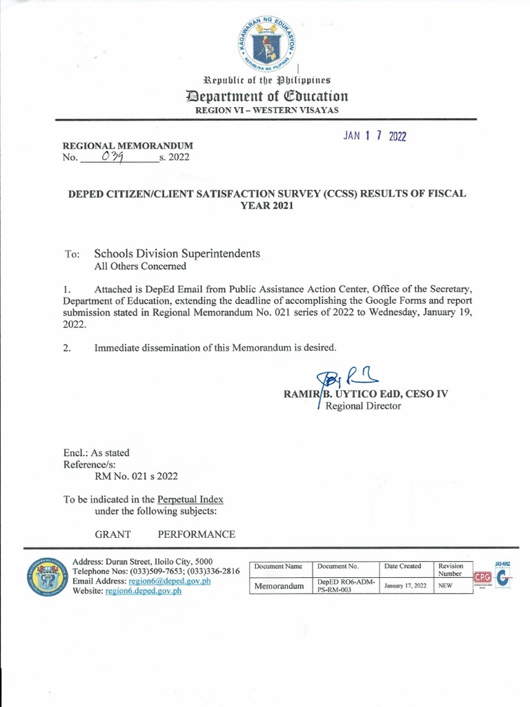RM No. 039 S. 2022 DepEd Citizen Client Satisfaction Survey CCSS ...