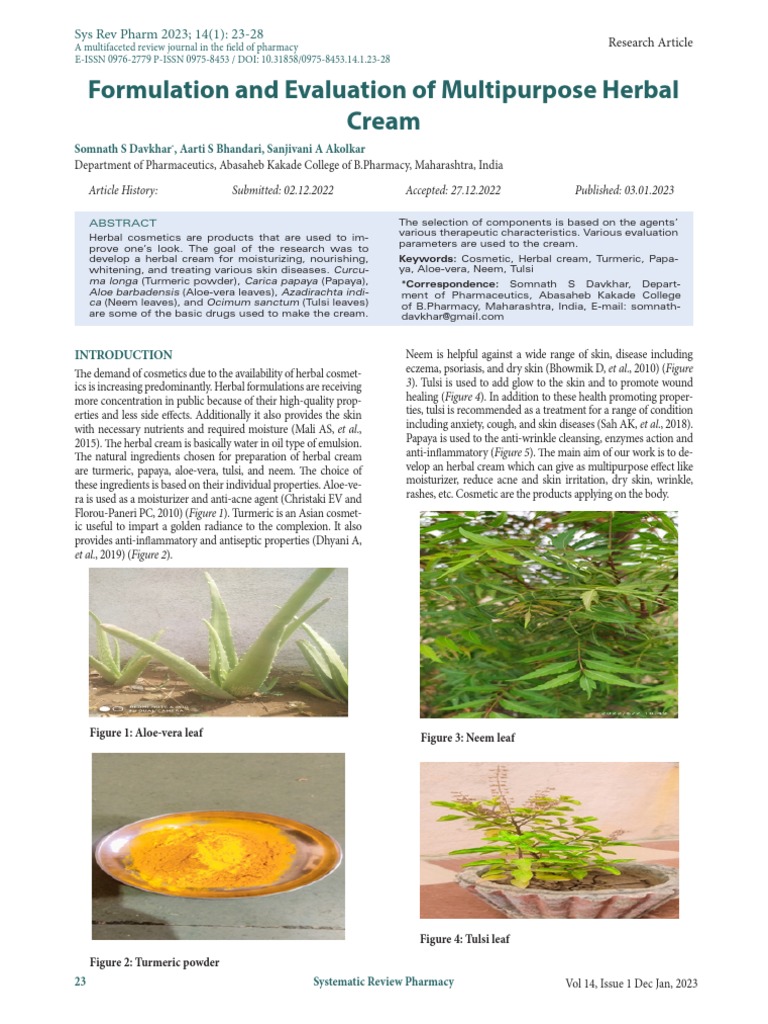 Formulation and Evaluation of Multipurpose Herbal Cream PDF | PDF | Topical Medication | Chemistry