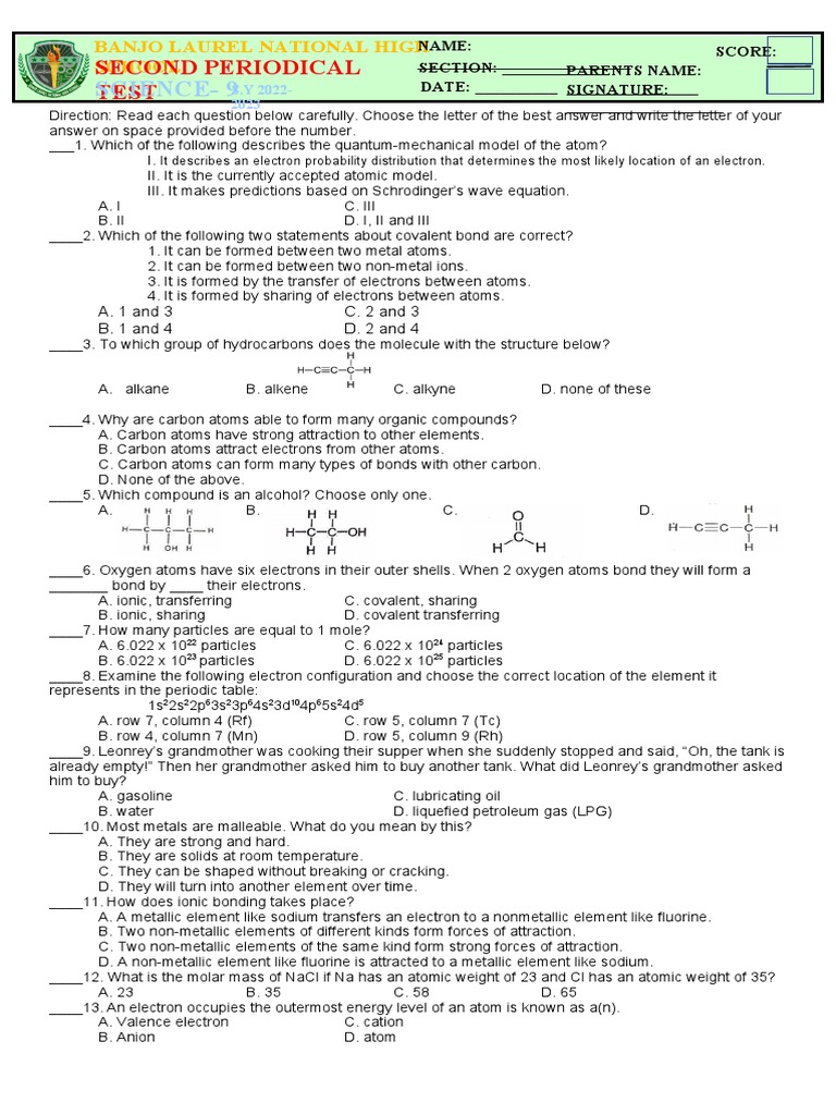 BANJO LAUREL NATIONAL HIGH SCHOOL SCIENCE TEST | PDF | Chemical Bond ...