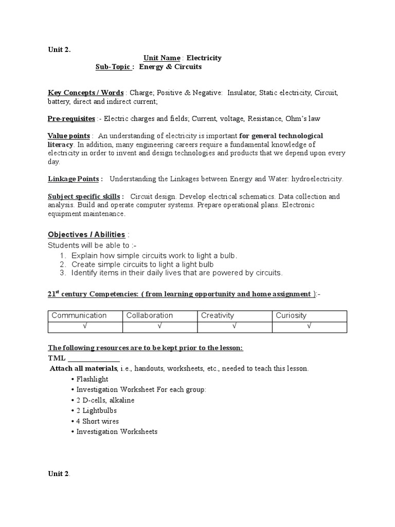 Unit 2 Research Lesson Plan 2 | PDF | Electricity | Learning