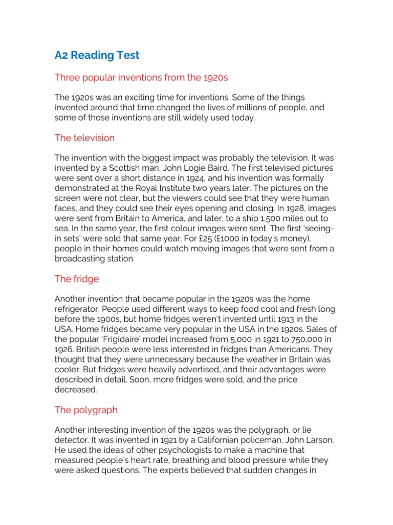 A2 Reading Test | PDF | Travel