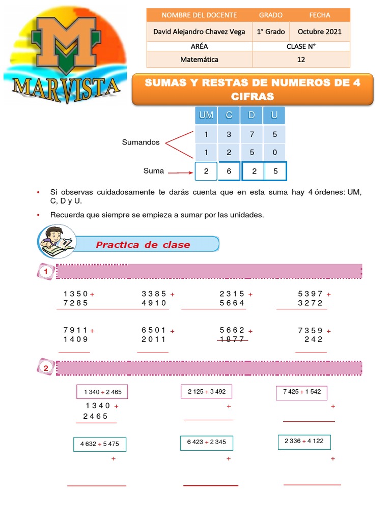 12-Sumas y Restas de Números de 4 Cifras-2grado | PDF | Matemáticas ...