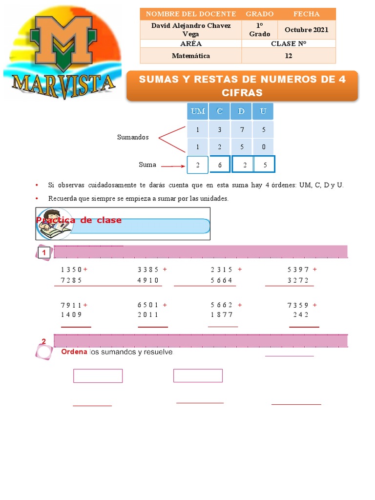 12-Sumas y Restas de Números de 4 Cifras-2grado | PDF | Matemáticas ...
