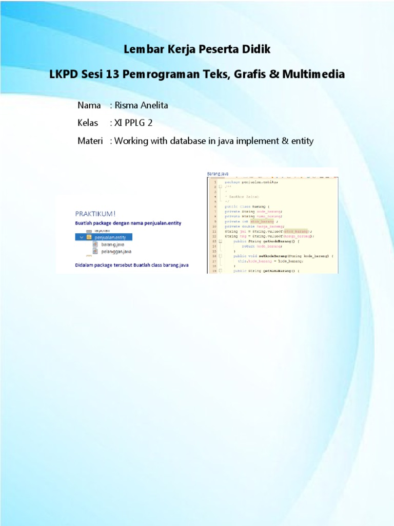 LKPD ProgTeks, Grafis, Multimedia Sesi 13 Java Database (Entity, Implement) - Risma - Anelita | PDF