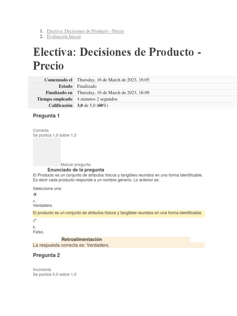 Evaluacion Inicial U1 U2 U3 Electiva Decisiones de Producto Precio PDF ...
