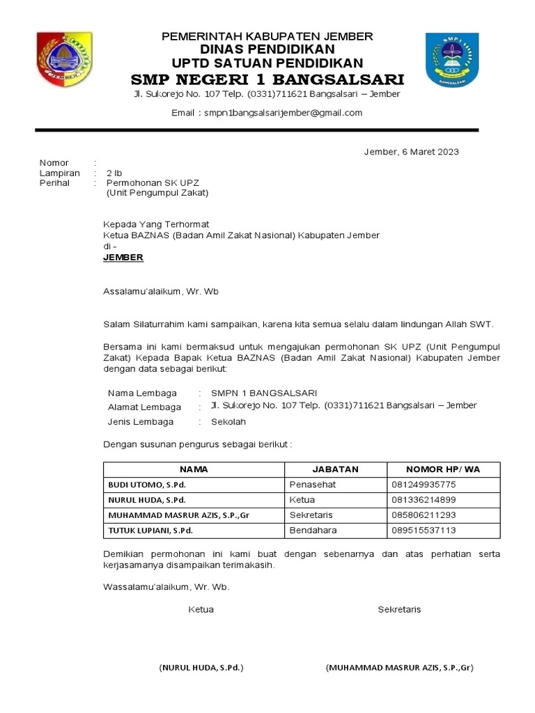Permohonan SK UPZ SMPN 1 Bangsalsari | PDF
