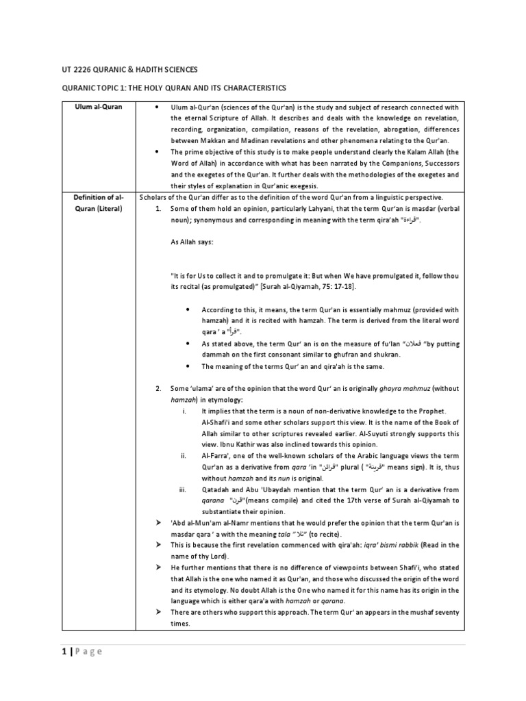 Quranic & Hadith Sciences (EXAM NOTES) PDF | PDF | Hadith | Quran