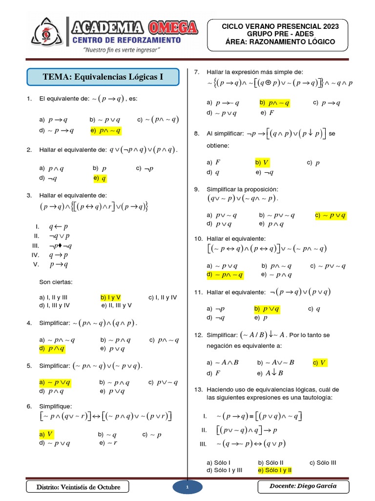 4) EQUIVALENCIAS LÓGICAS I - SEPARATA (Pre-Ades) | PDF | Lógica