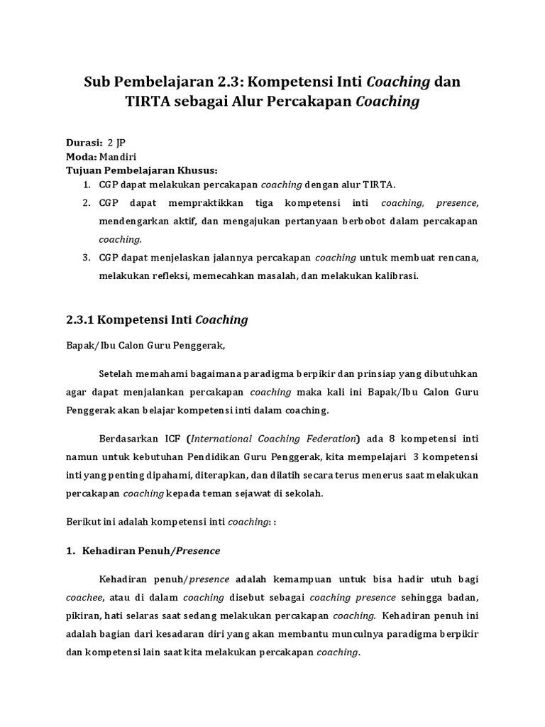 Kompetensi Inti Coaching dan Alur TIRTA | PDF | Karier & Perkembangan ...