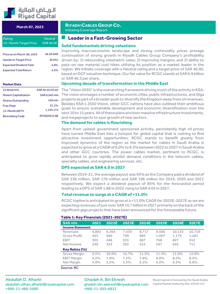 RIYADH CABLES GROUPCO - Initiation Report.pdf | PDF | Gulf Cooperation Council | Electrical Grid