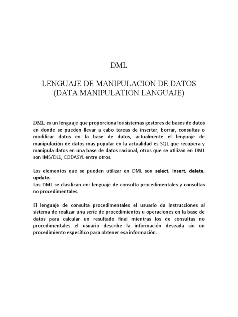 DML Lenguaje de Manipulacion de Datos (Data Manipulation Languaje) | PDF