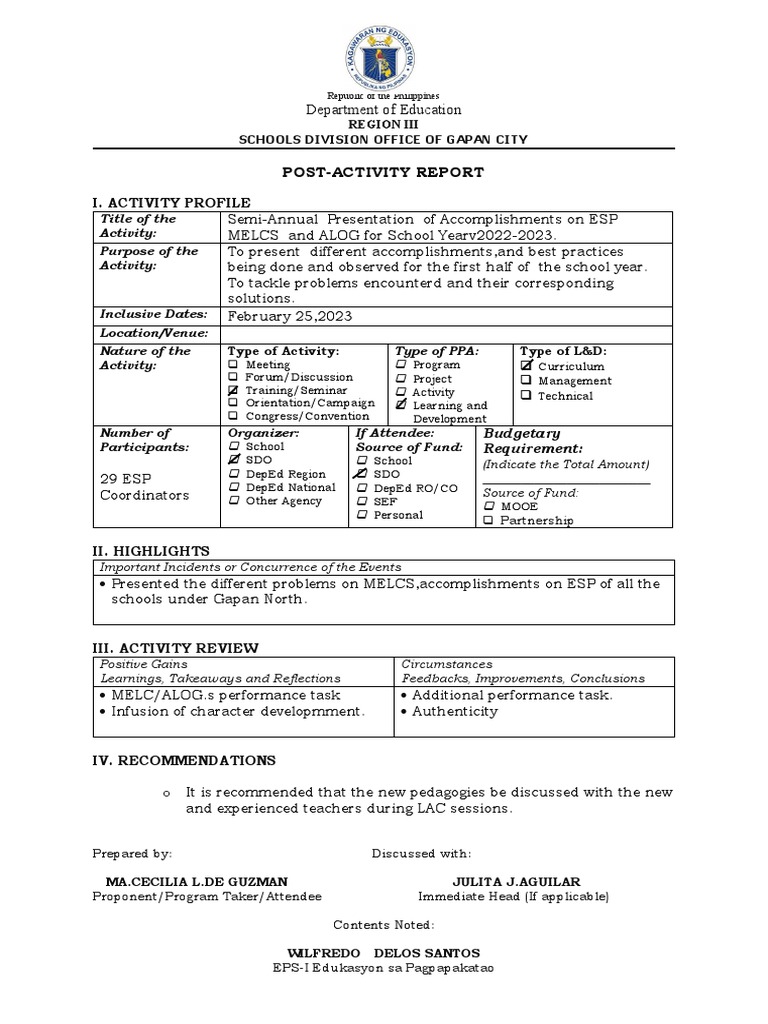 Maximizing Learning: A Review of Accomplishments and Best Practices in ESP for Gapan City ...