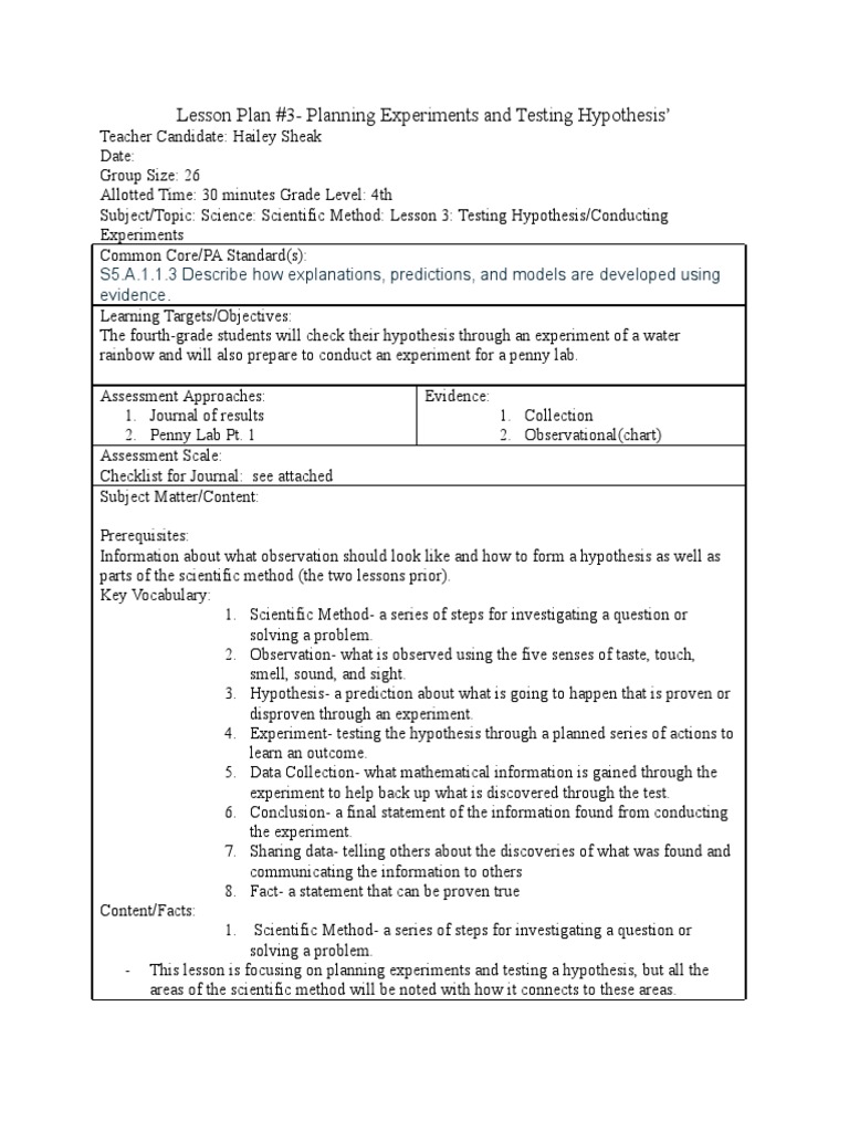 Lesson Plan 3 - Testing Hypothesis Planning Experiments | PDF ...