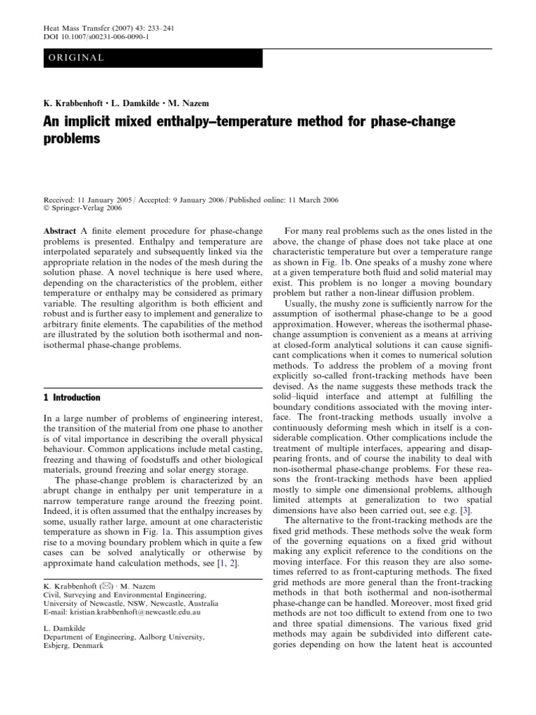 11 - An Implicit Mixed Enthalpy Temperature Method For Phase Change Problems | PDF | Phase ...