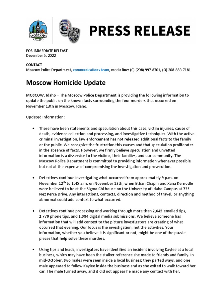 Moscow Police Homicide Update Release | PDF | Crimes | Crime & Violence