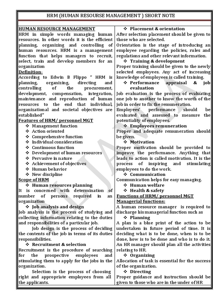 HRM Short Notes | Download Free PDF | Human Resource Management | Human ...