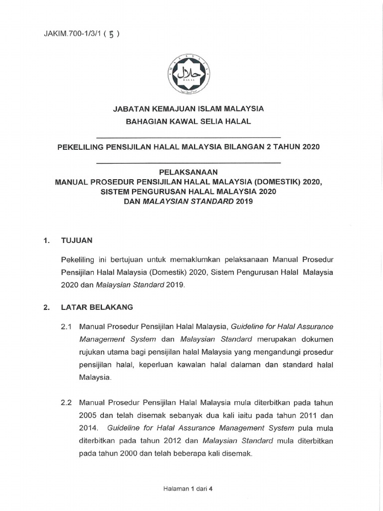 Pekeliling Pensijilan Halal Malaysia Bil2-2020 | PDF