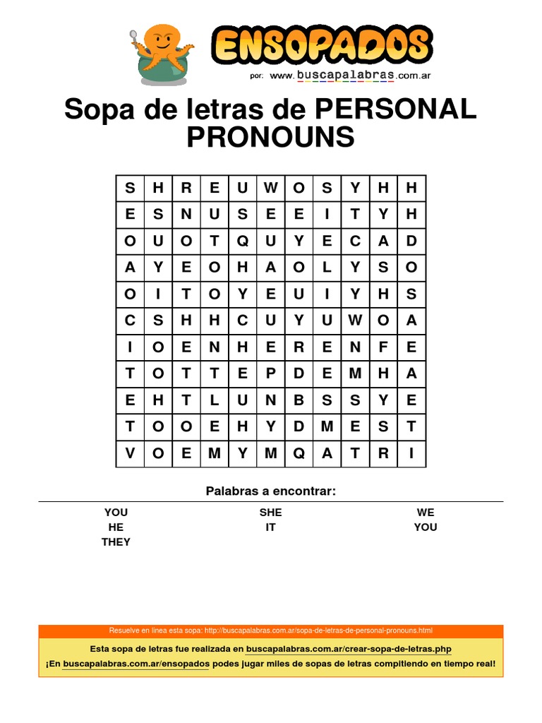 Sopa de Letras de Personal Pronouns | PDF
