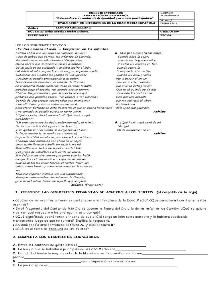 Evaluación 10 Literatura Edad Media 2020 | PDF | Literatura en español ...