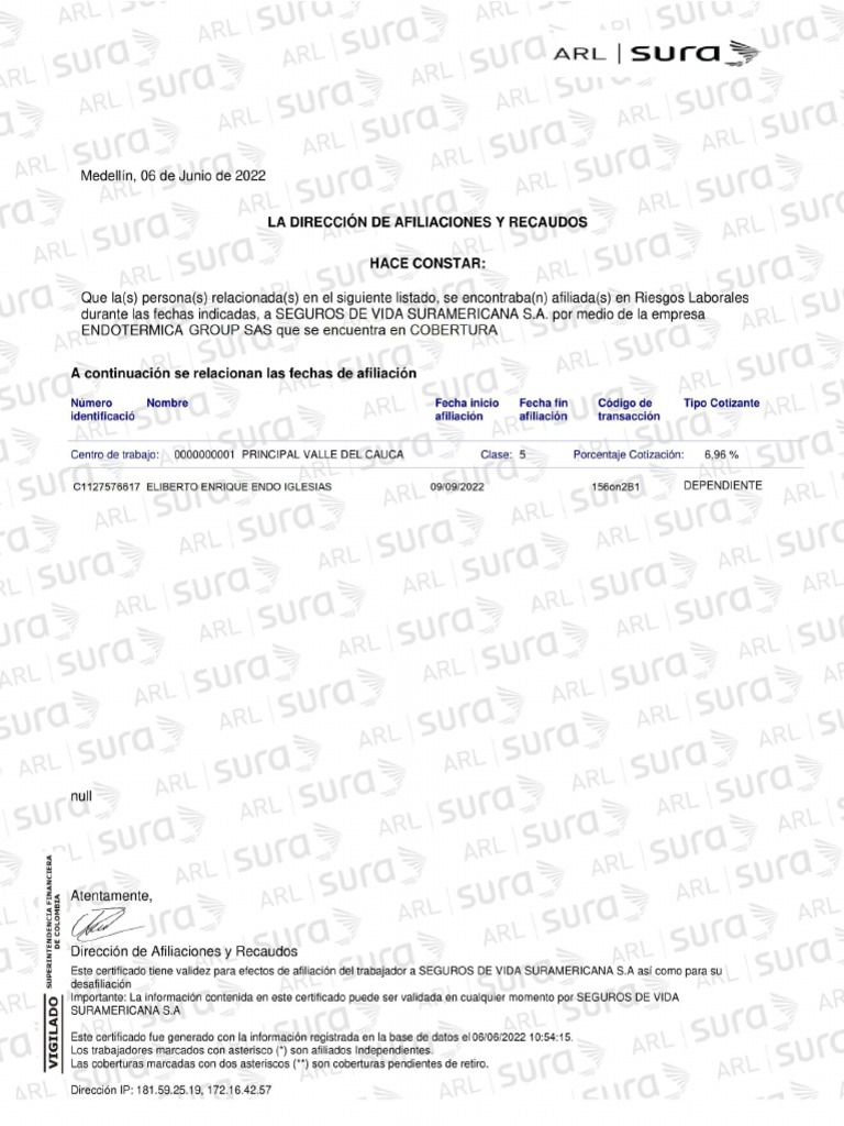 Certificado de Arl Sura. | PDF