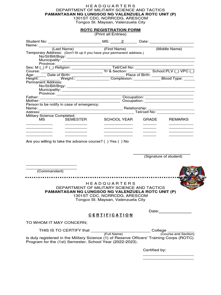 MS 2 PLV Rotcu Registration Form | PDF