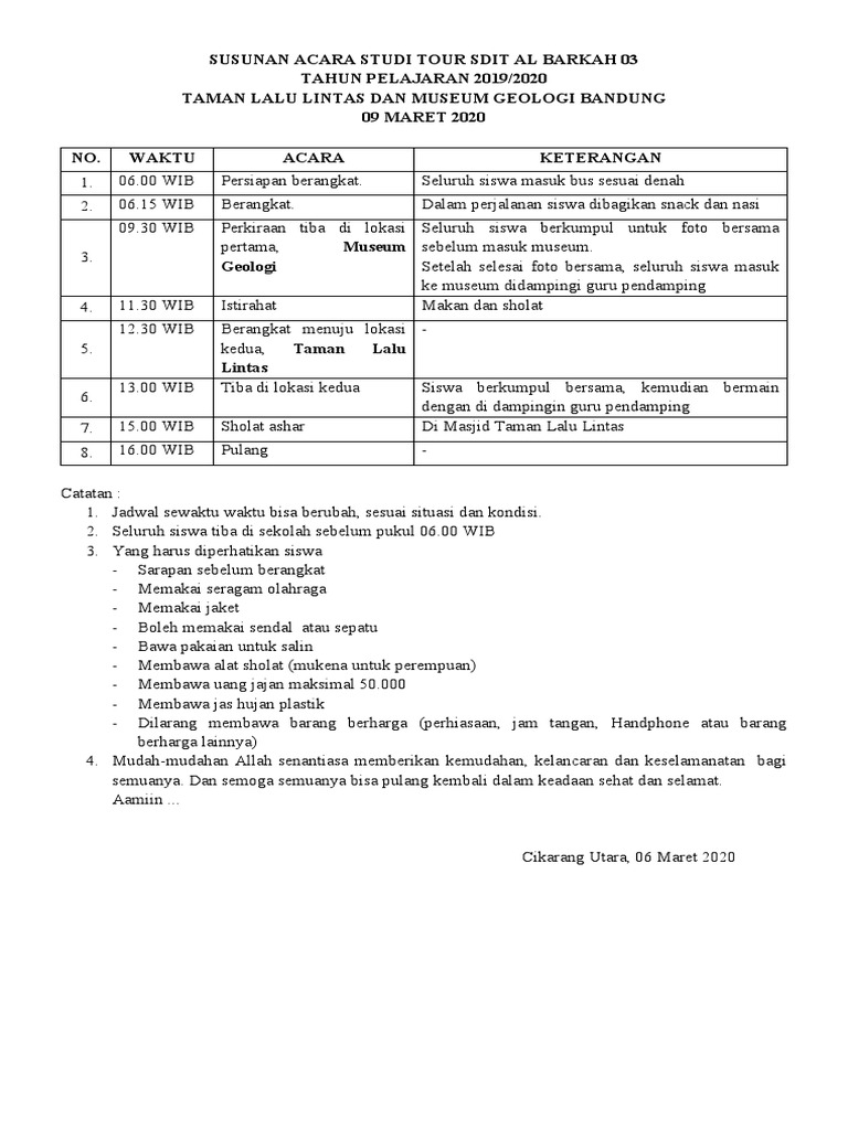 Rundown Acara Study Tour SDIT Al Barkah | PDF