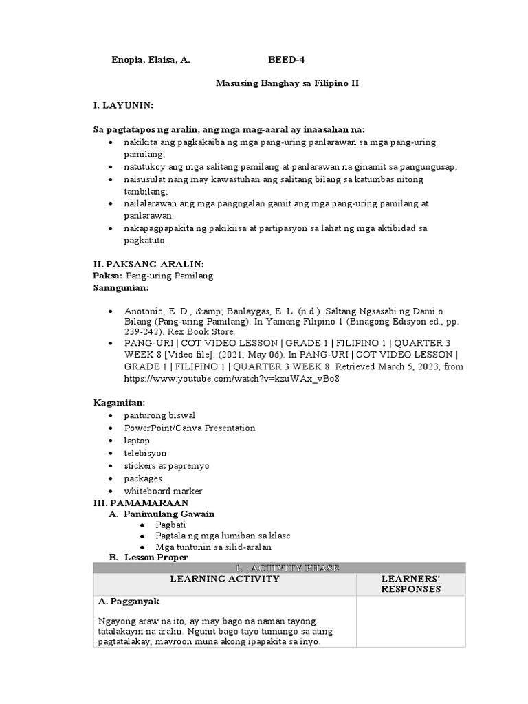 Masusing Banghay Sa Filipino II | PDF