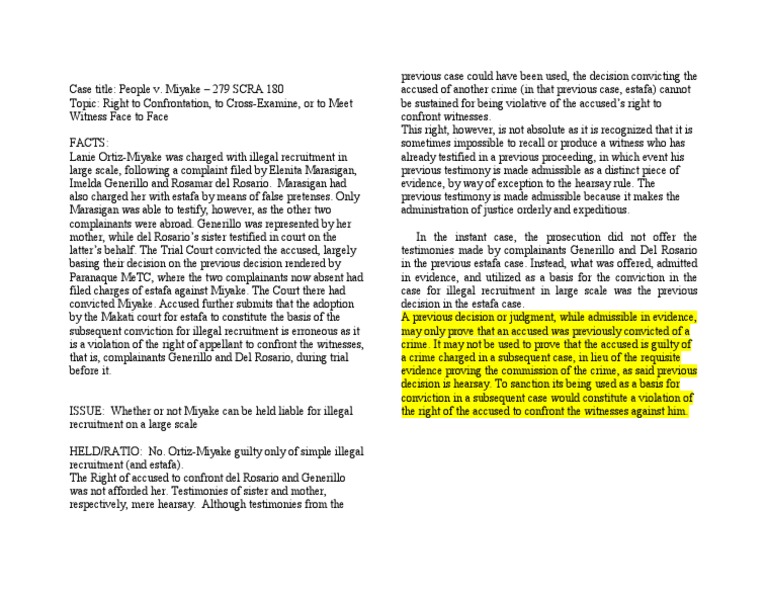 People v. Miyake - 279 SCRA 180 | PDF | Witness | Confrontation Clause