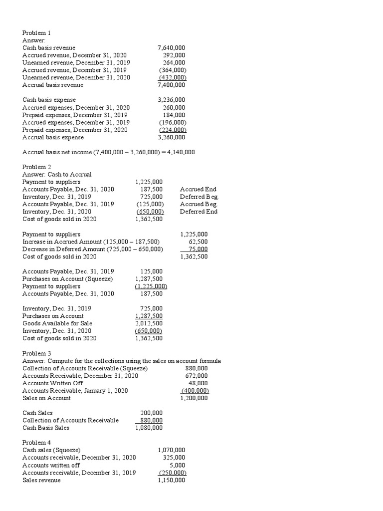 Cash and Accrual Basis - Exercises - Answers | PDF | Deferral | Accrual