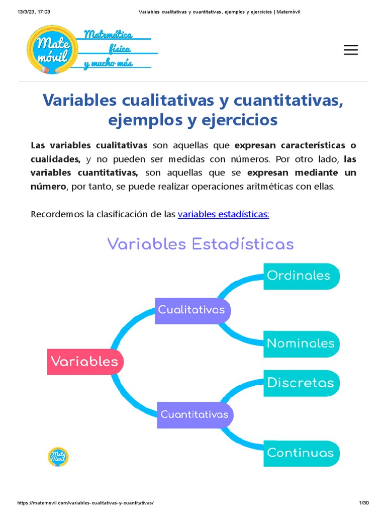 Variables Cualitativas y Cuantitativas, Ejemplos y Ejercicios - Matemóvil | PDF | Matemáticas ...